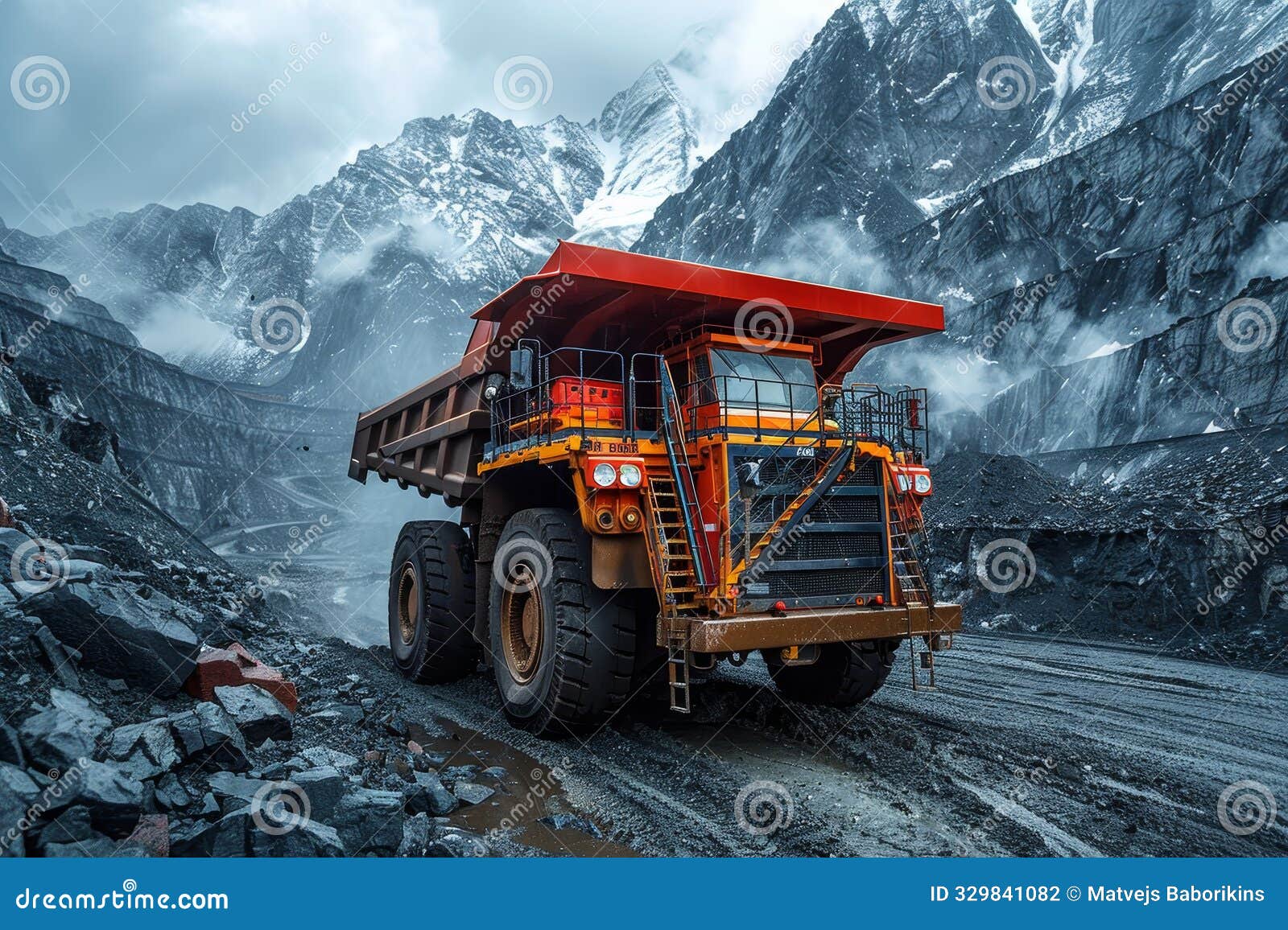 Massive Excavator Loading Rocks Into Heavy Mining Dump Truck In Open ...
