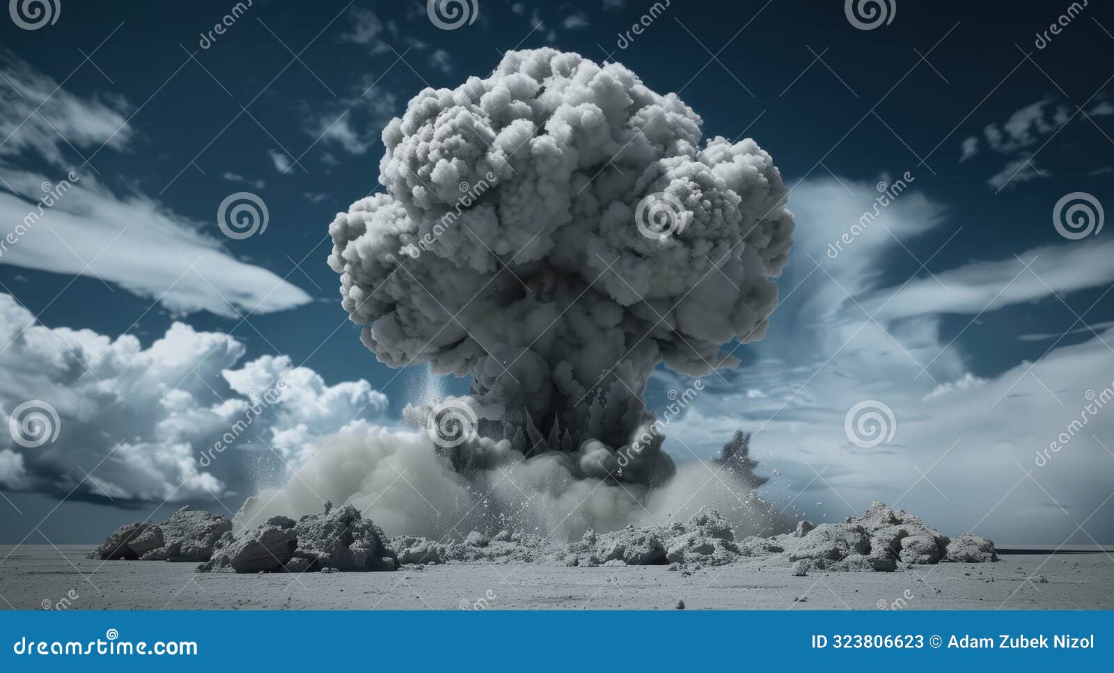 Massive Explosion Cloud Over Rocky Terrain Stock Illustration ...