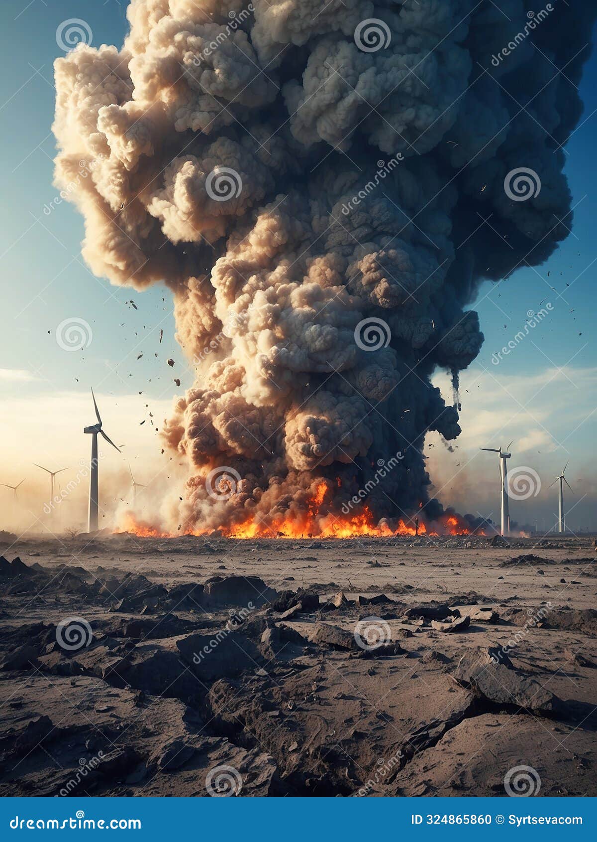 A Massive Explosion with Dark Smoke and Fire Amidst Wind Turbines ...