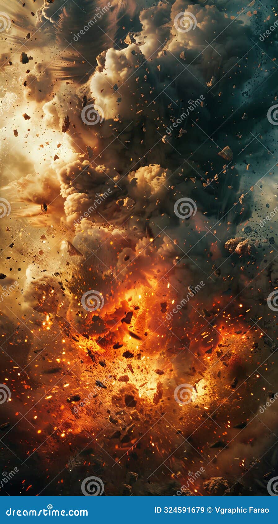 Massive Explosion with Debris and Fire, Mid-blast Impact. Dramatic ...