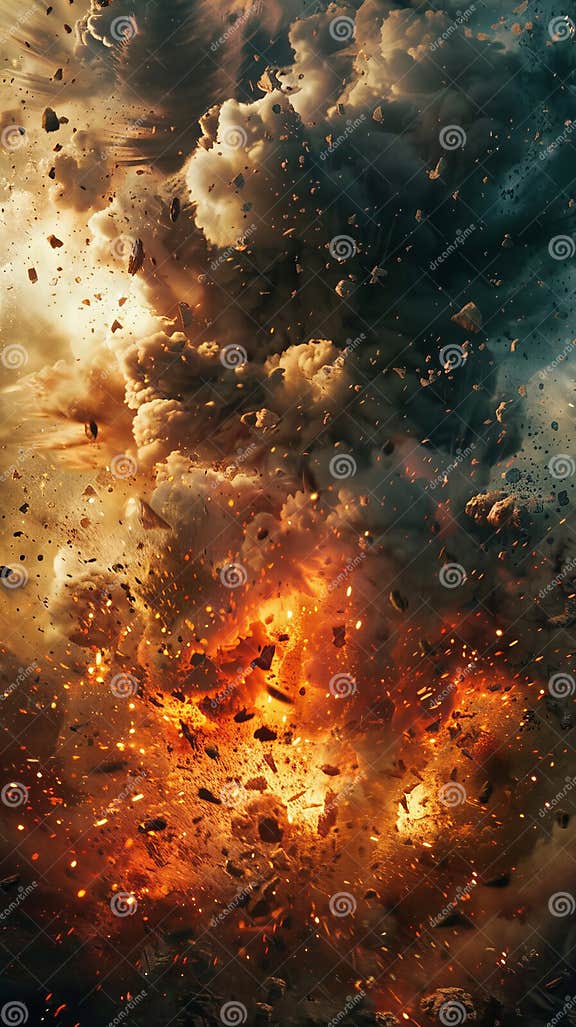 Massive Explosion with Debris and Fire, Mid-blast Impact. Dramatic ...