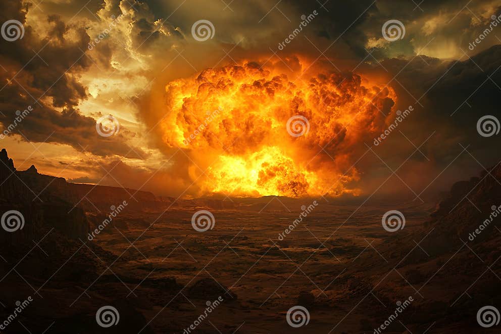 Massive Explosion in Desert Landscape at Sunset with Fiery Clouds Stock ...