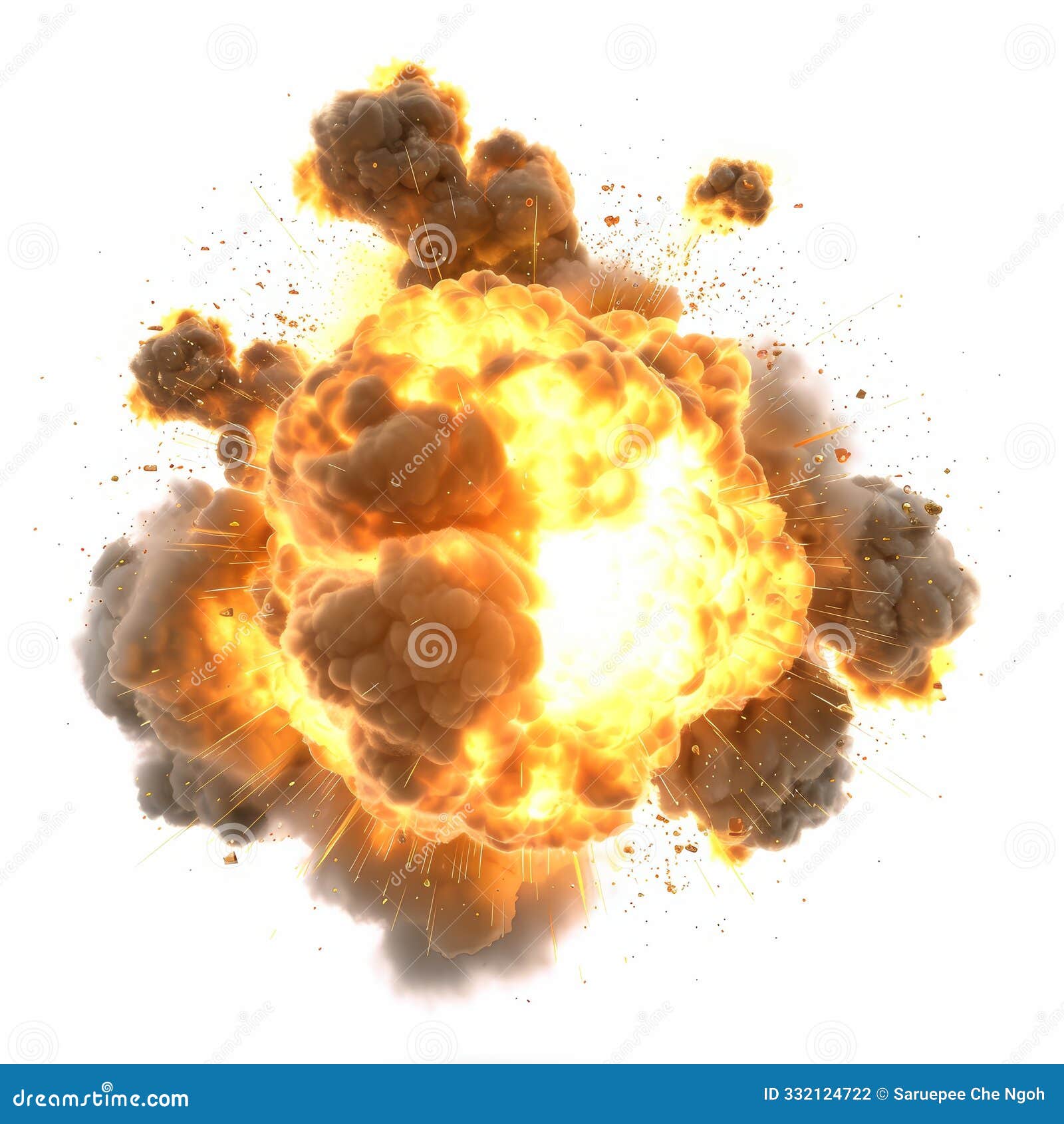Massive Explosion with Fiery Blast and Smoke Clouds Isolated on White ...