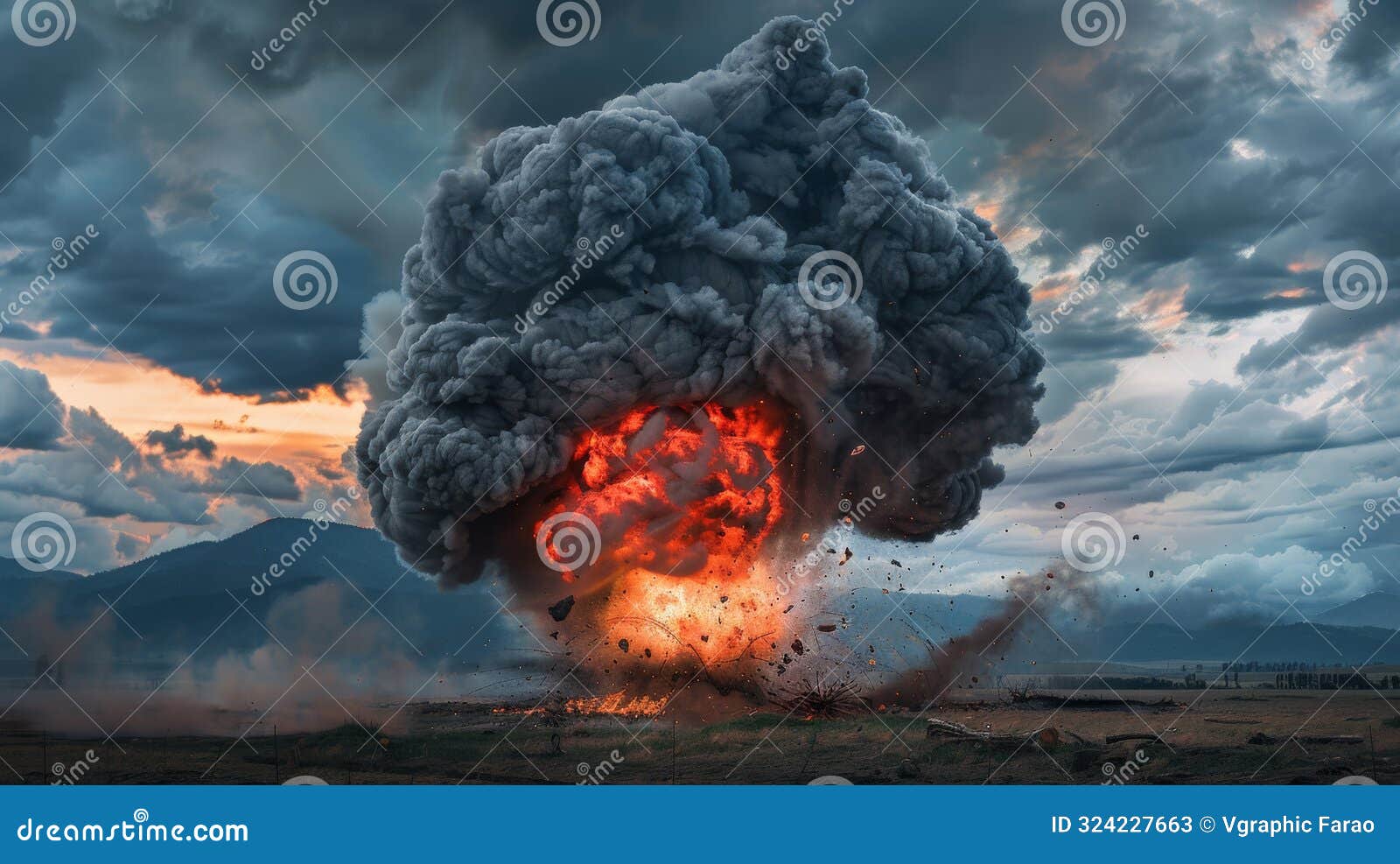 Massive Explosion with Fire and Smoke in Open Field at Sunset, Dramatic ...