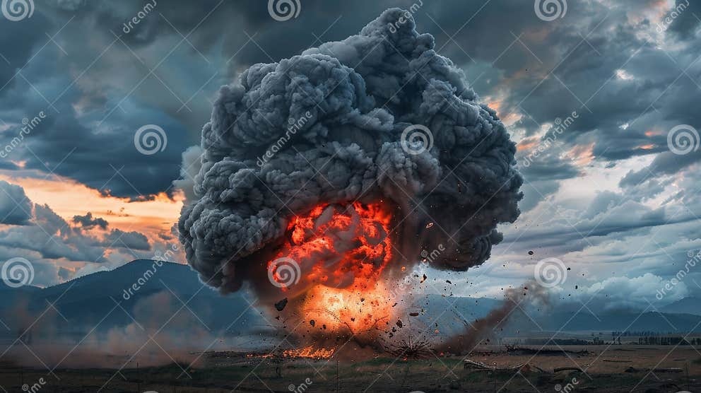Massive Explosion with Fire and Smoke in Open Field at Sunset, Dramatic ...