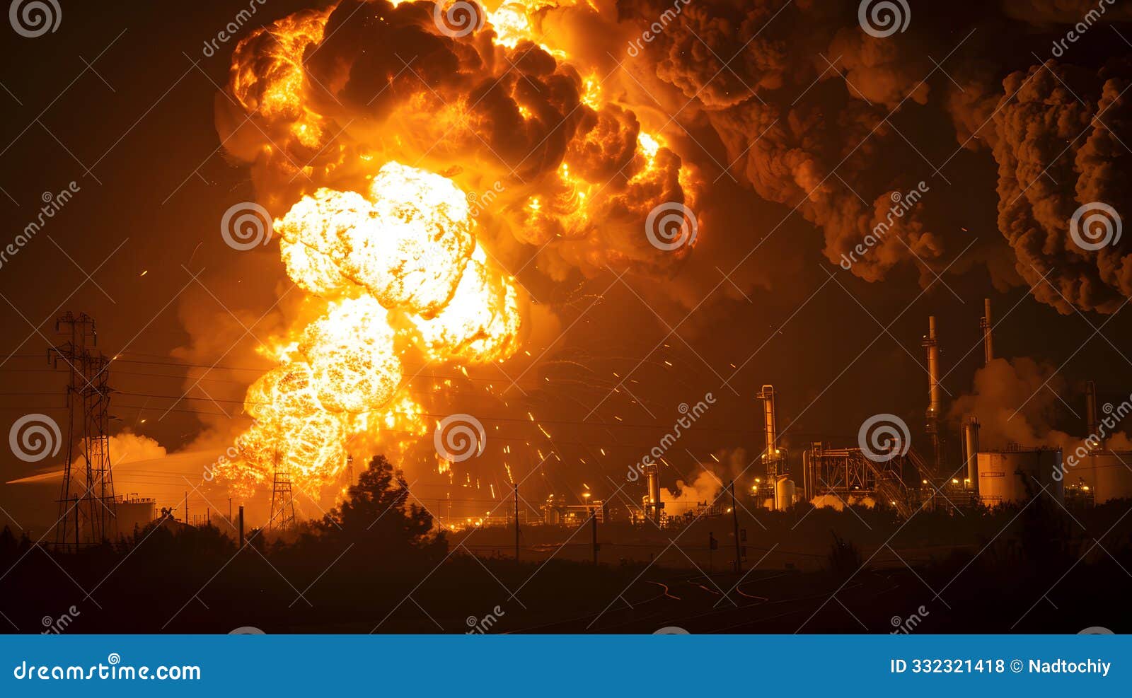 Massive Explosion at Night in Industry Setting, Causing Fire Stock ...