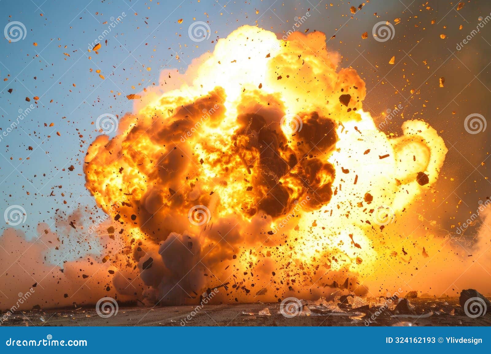 Fiery Explosion with Debris Captured at Dusk Stock Image - Image of ...