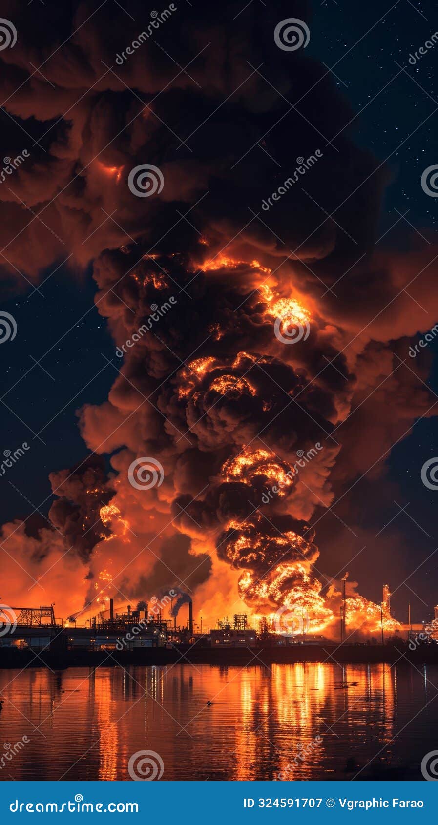 Massive Fire at Industrial Facility at Night with Dark Smoke ...