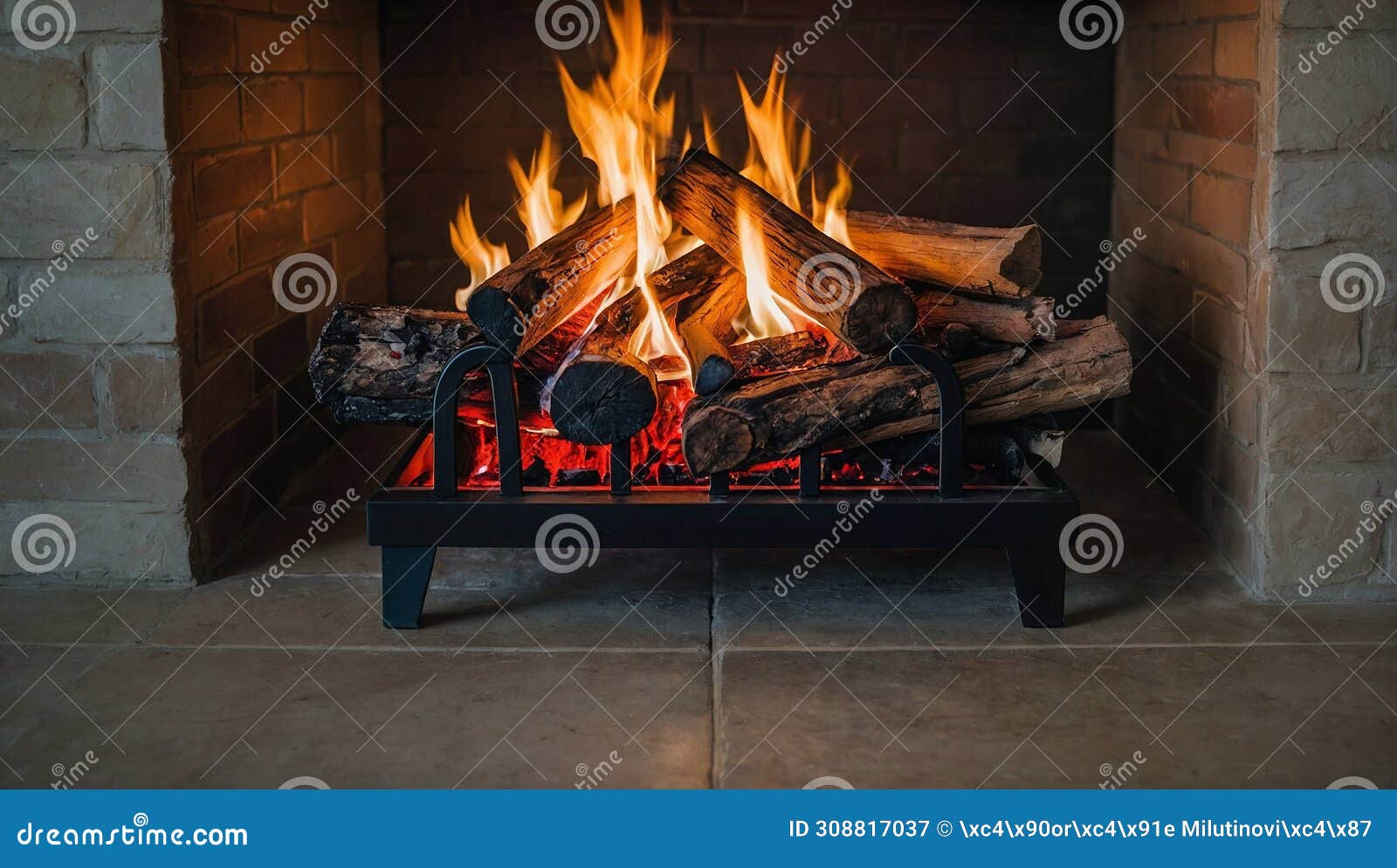 Massive Fireplace with Burning Logs Inside. Interior Design Concept ...