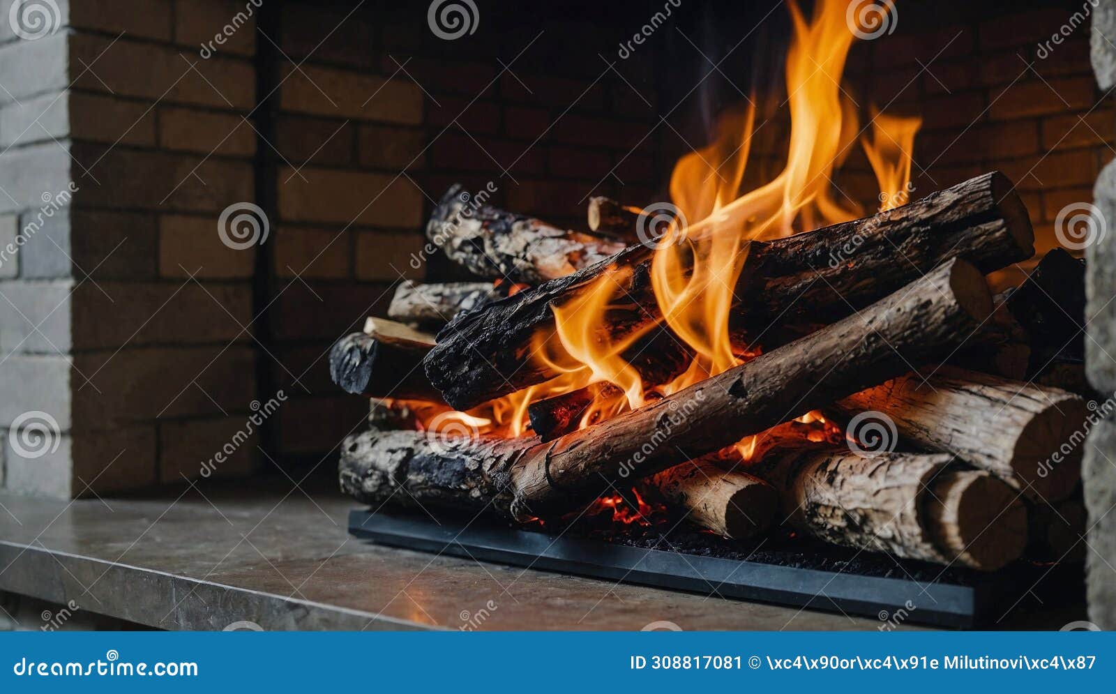 Massive Fireplace with Burning Logs Inside. Interior Design Concept ...