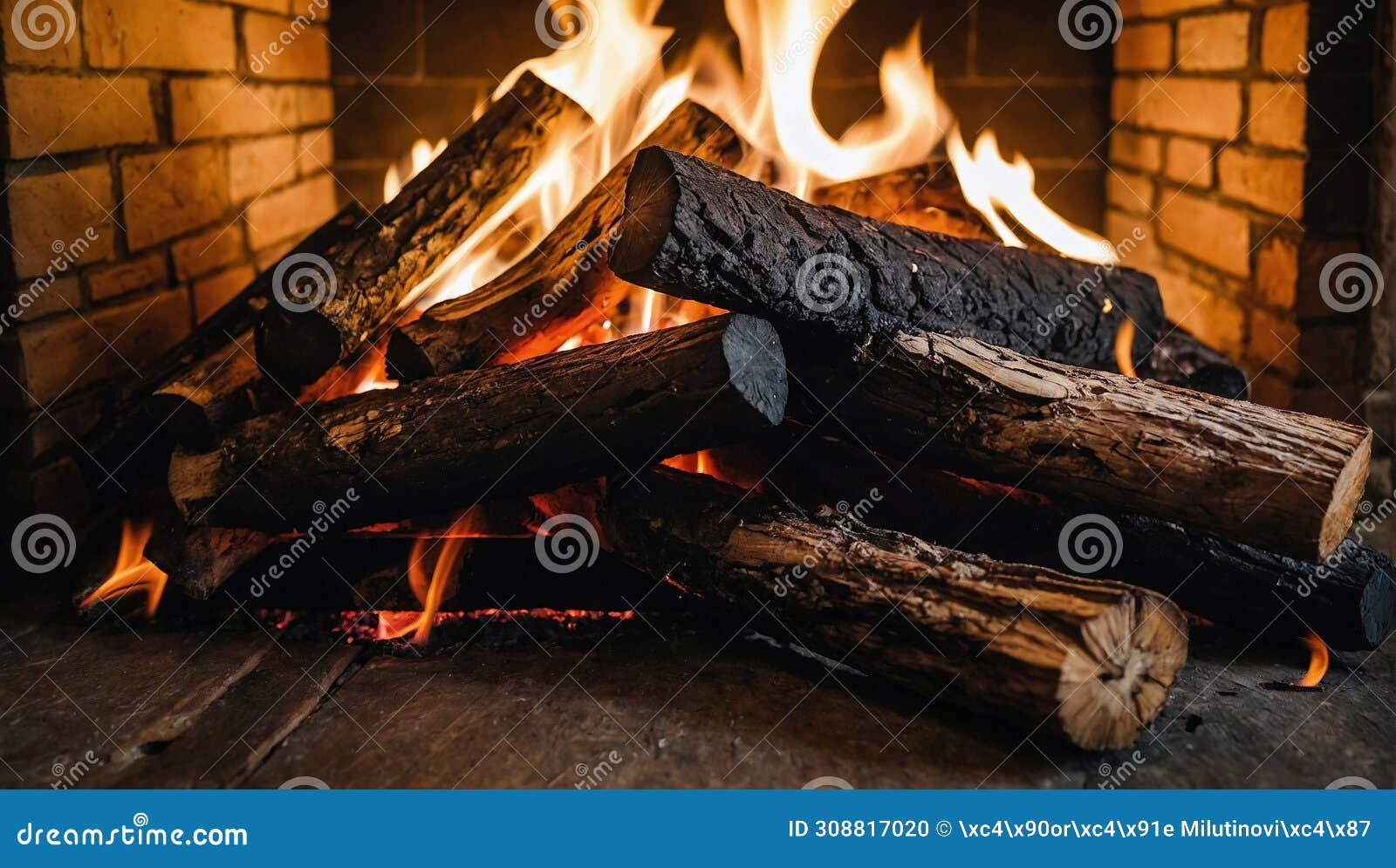 Massive Fireplace with Burning Logs Inside. Interior Design Concept ...