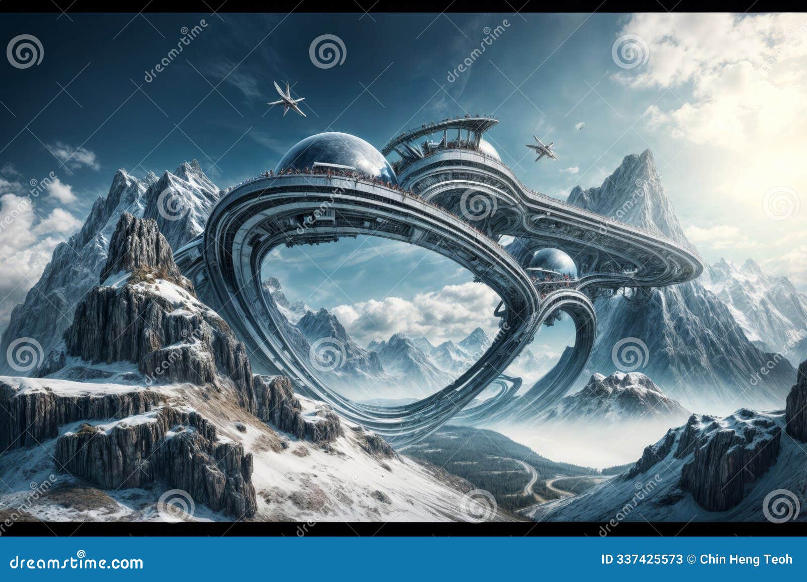 Massive, Futuristic Architectural Structures Hover Over a Snowy ...