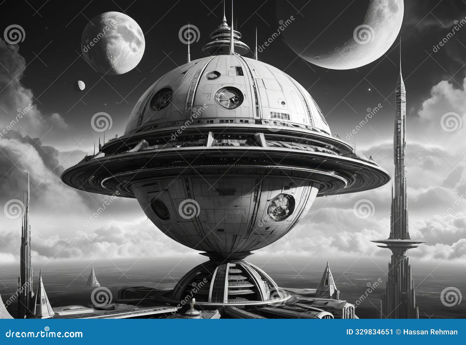 A Massive Futuristic Space Station or Spacecraft Floating in the Clouds ...