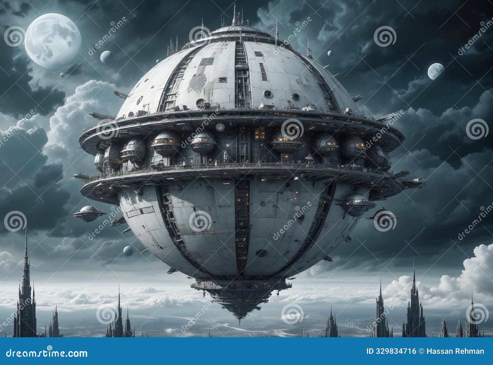 A Massive Futuristic Space Station or Spacecraft Floating in the Clouds ...