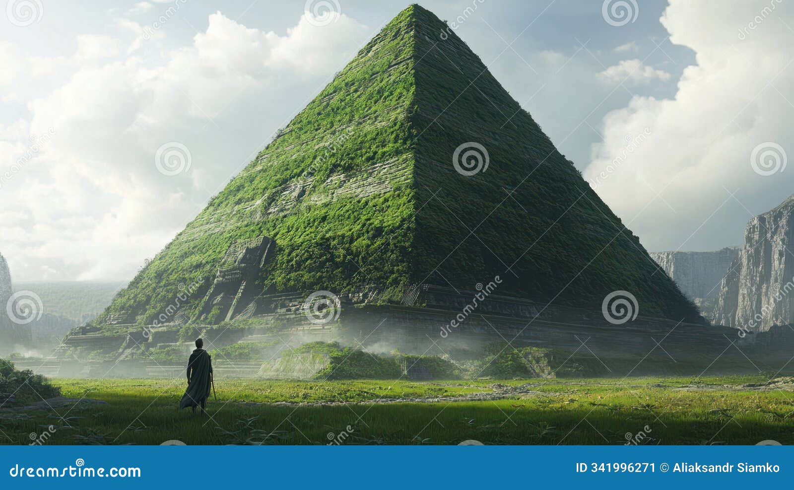 Massive Green-covered Pyramid Towering before Lone Traveler Stock ...