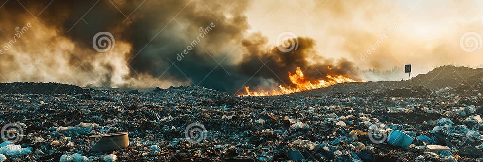 Massive Landfill Fire Amidst Sprawling Garbage Under Dramatic Sky and ...
