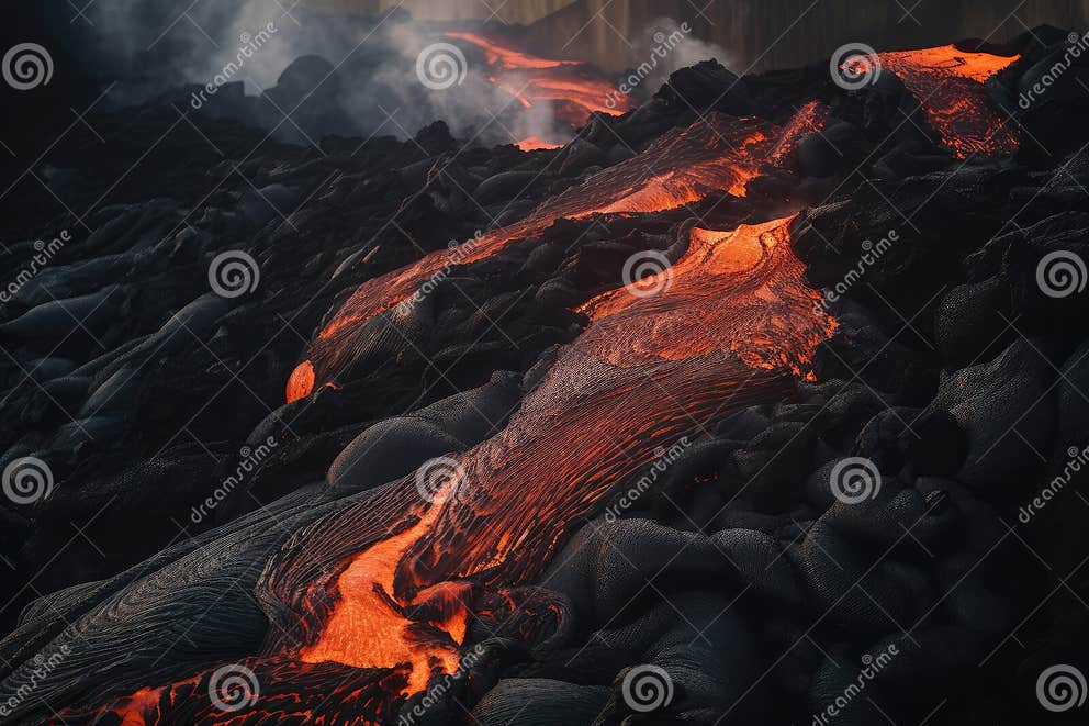 Massive Lava Flow Rolling Down the Side of a Volcano, Engulfing ...