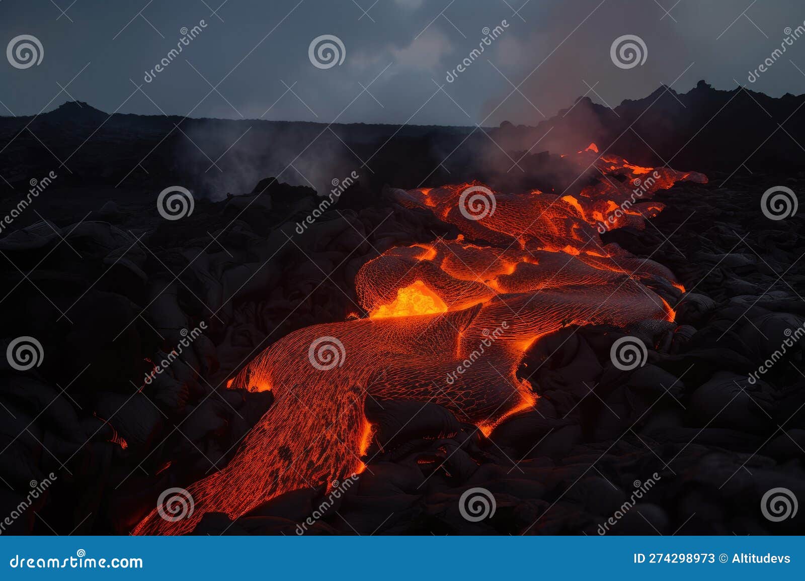 Massive Lava Flow Rolling Down the Side of a Volcano, Engulfing ...