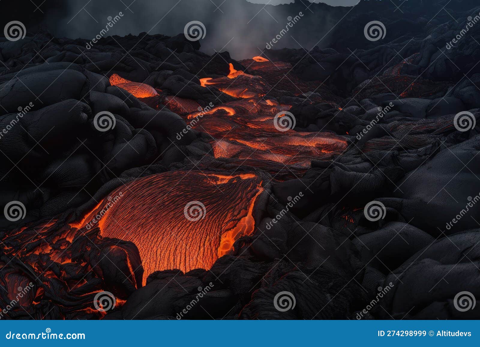 Massive Lava Flow Rolling Down the Side of a Volcano, Engulfing ...