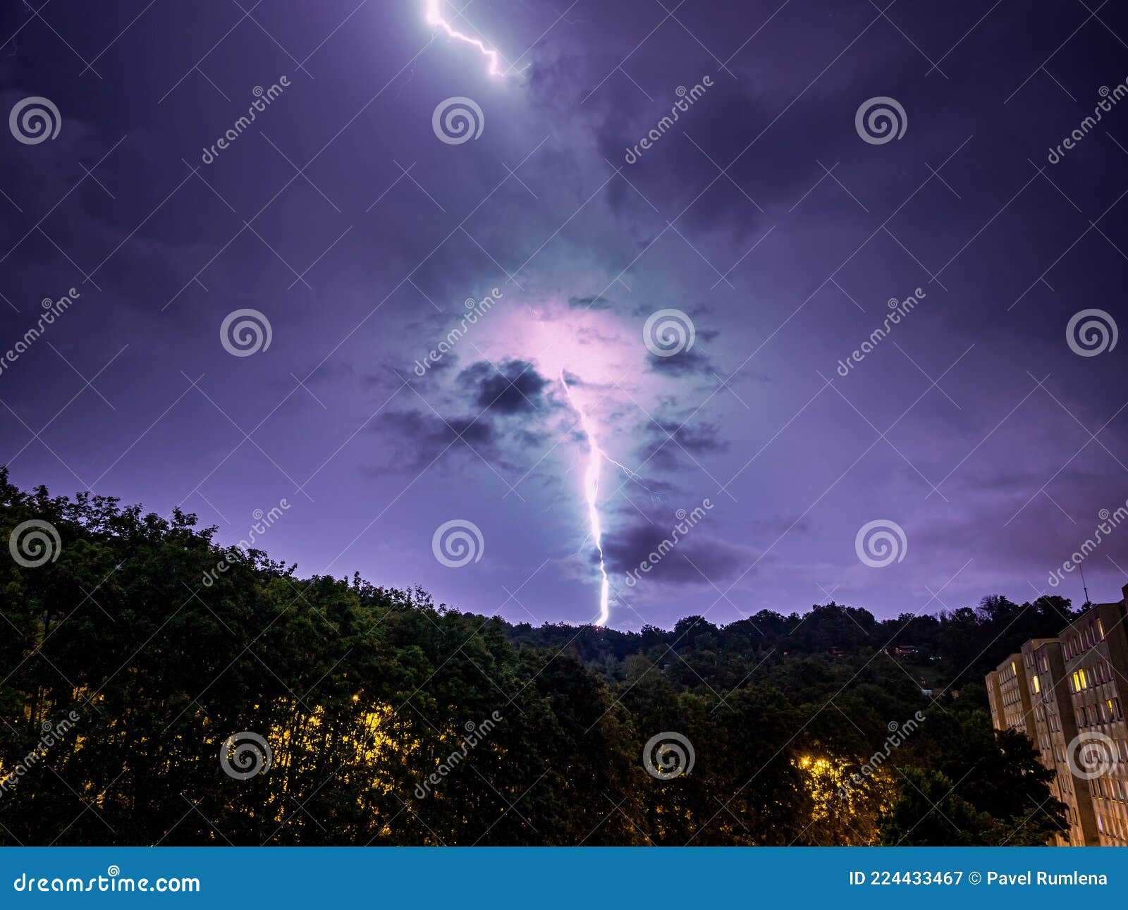 Massive Lightning Strike on a Hill on the Outskirts of the City - Long ...