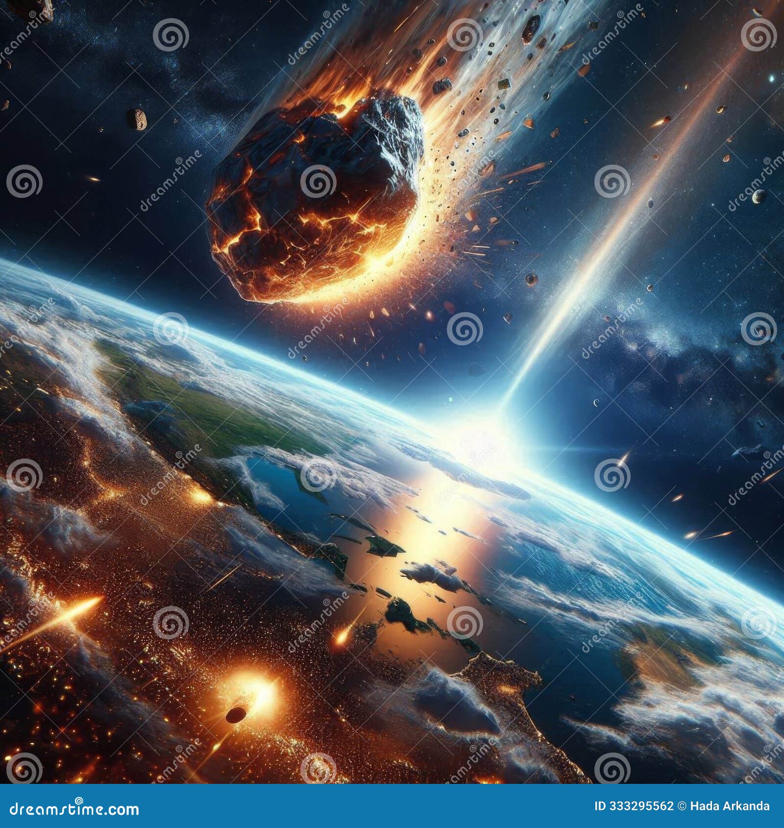 Massive Meteor Impact Crater On Rugged Alien Terrain Under Clear Sky ...