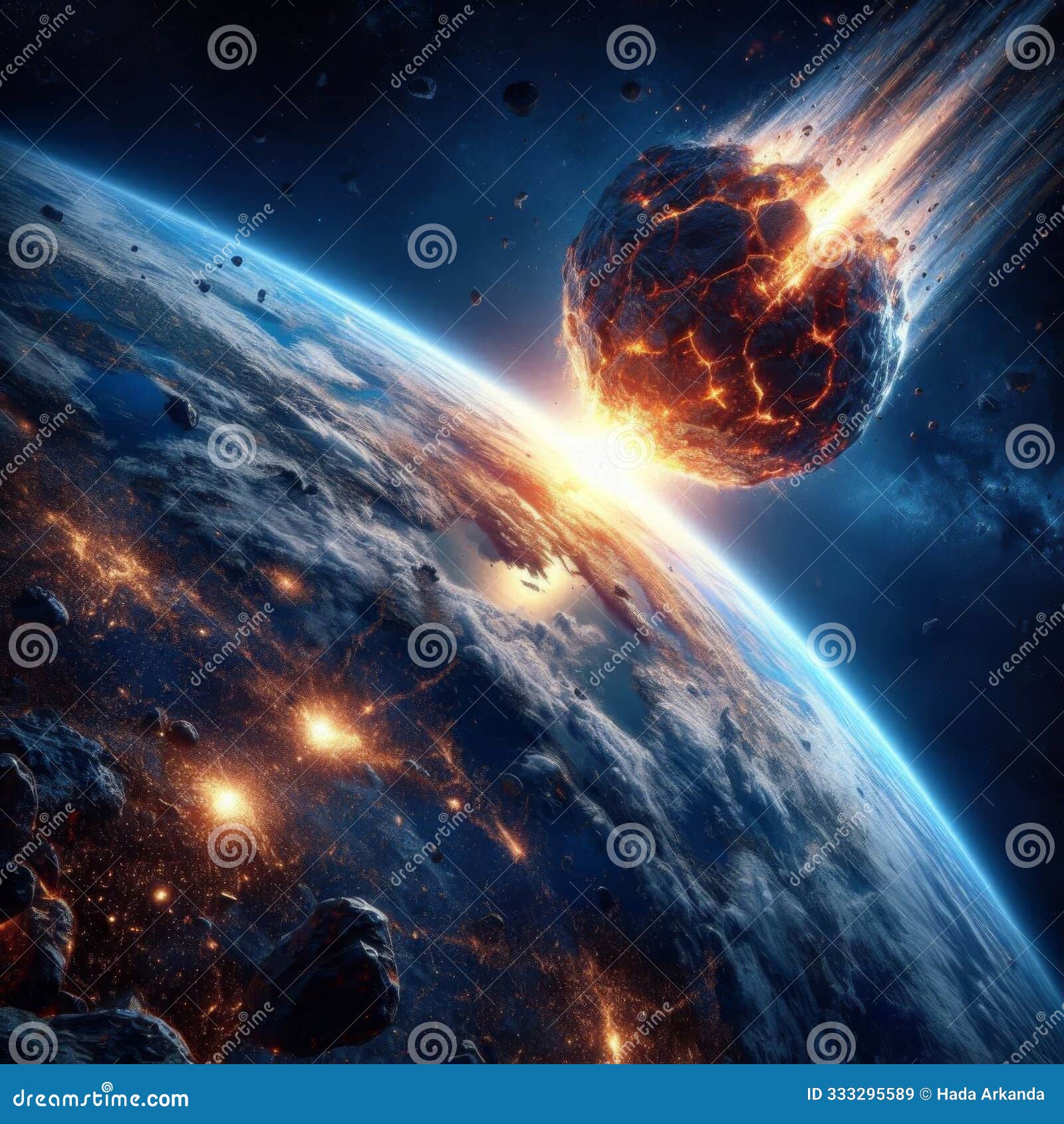 Massive Meteor Impact Crater On Rugged Alien Terrain Under Clear Sky ...