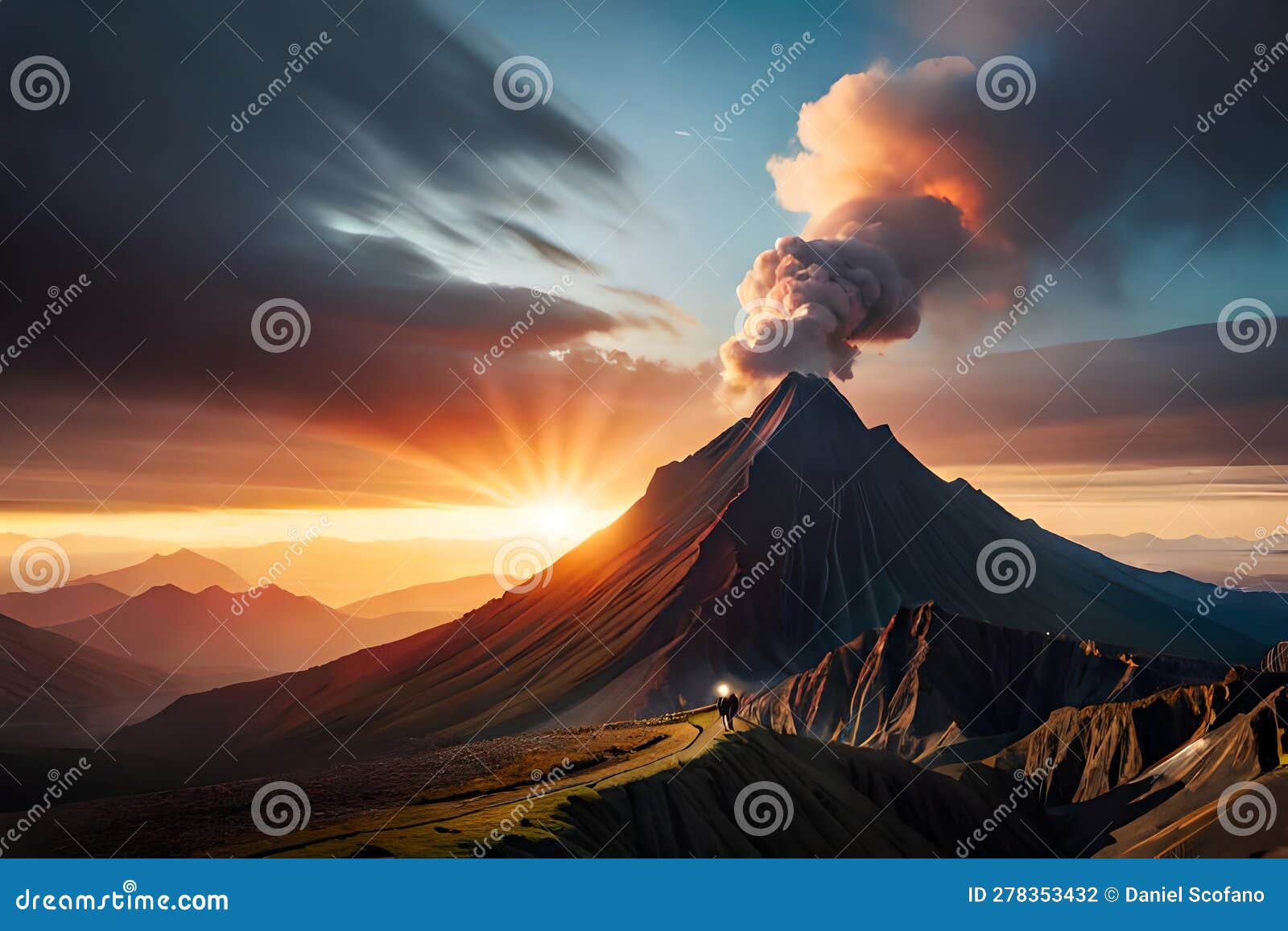 Massive Mountain Ash Eruption Destruction Background. Volcano ...