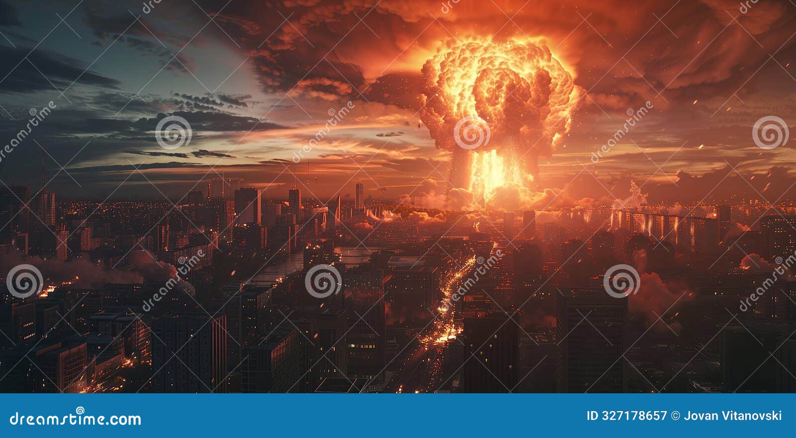 Massive Nuclear Explosion with Mushroom Cloud Over City Skyline Stock ...