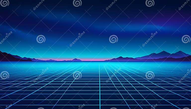Massive Ocean with Digital Grid and Sunset Gradient Horizon Stock ...