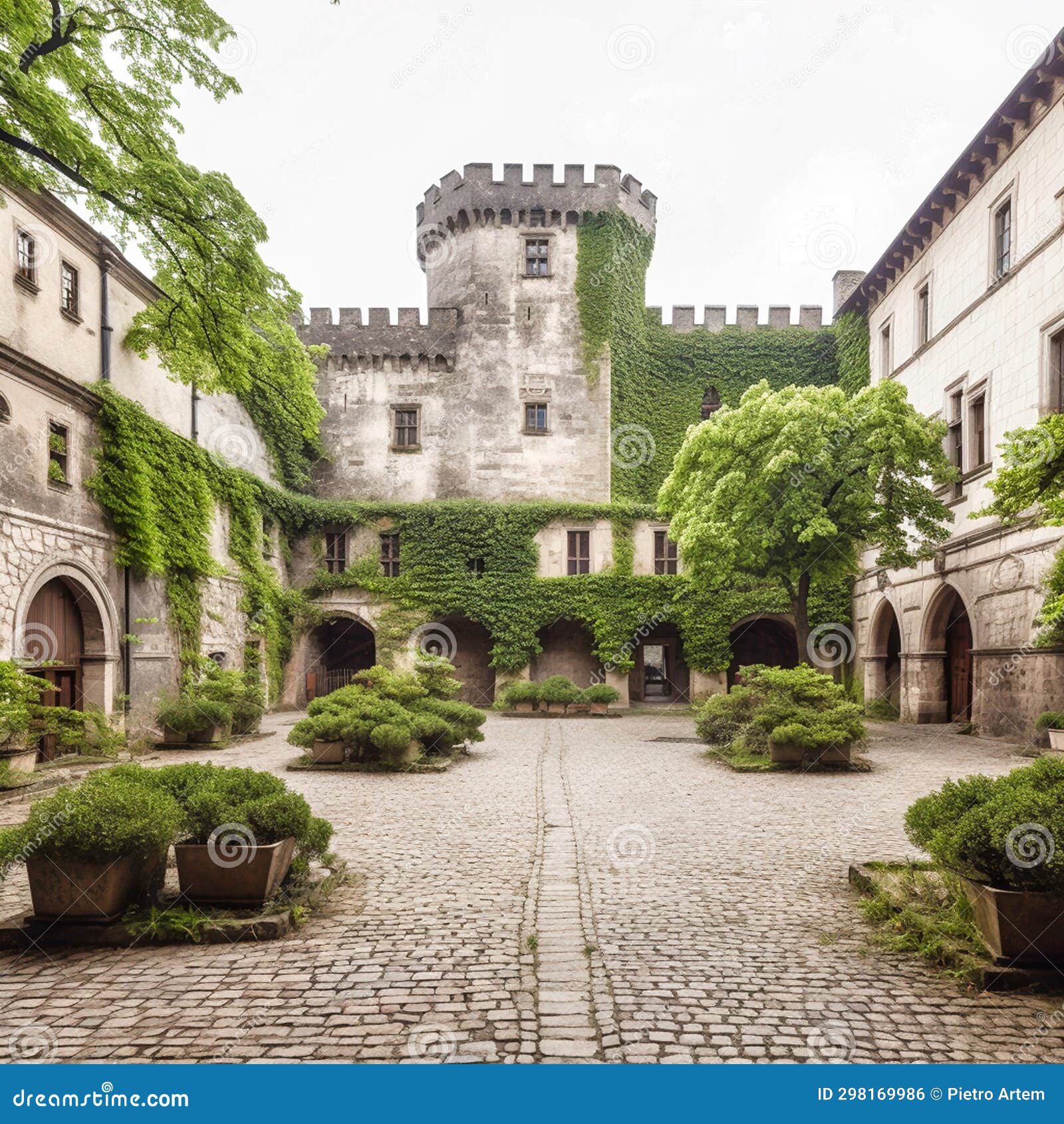 Massive Open Castle Courtyard with Trees and Plant Stock Photo - Image ...