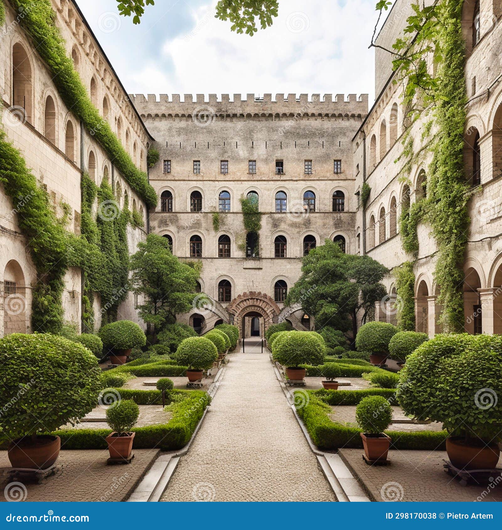Massive Open Castle Courtyard with Trees and Plant Stock Photo - Image ...