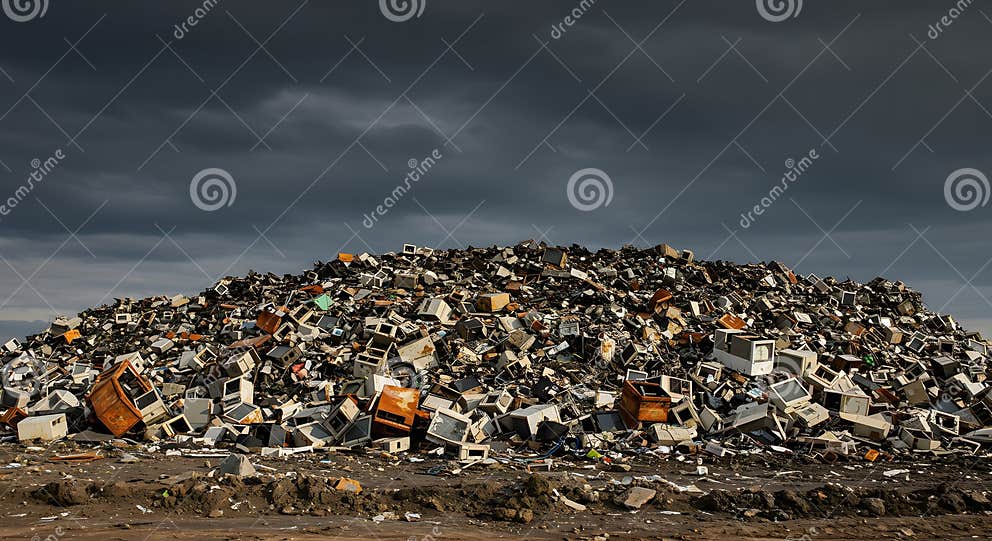 Massive Pile of E-Waste Under a Dramatic Sky Stock Illustration ...