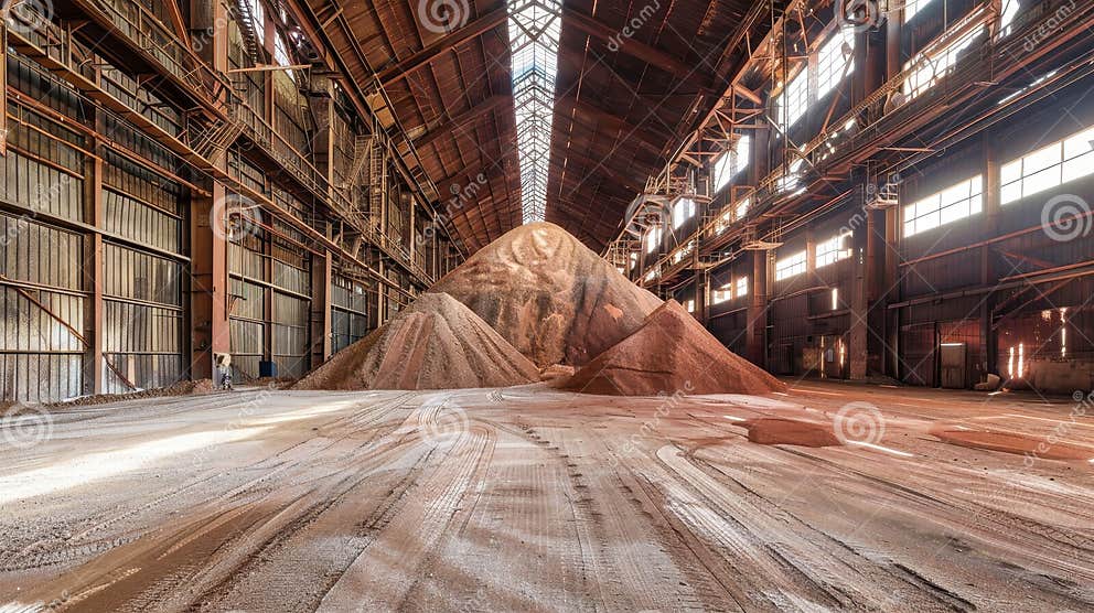 A Massive Pile of Sand Sits in a Warehouse, Ready for Processing and ...