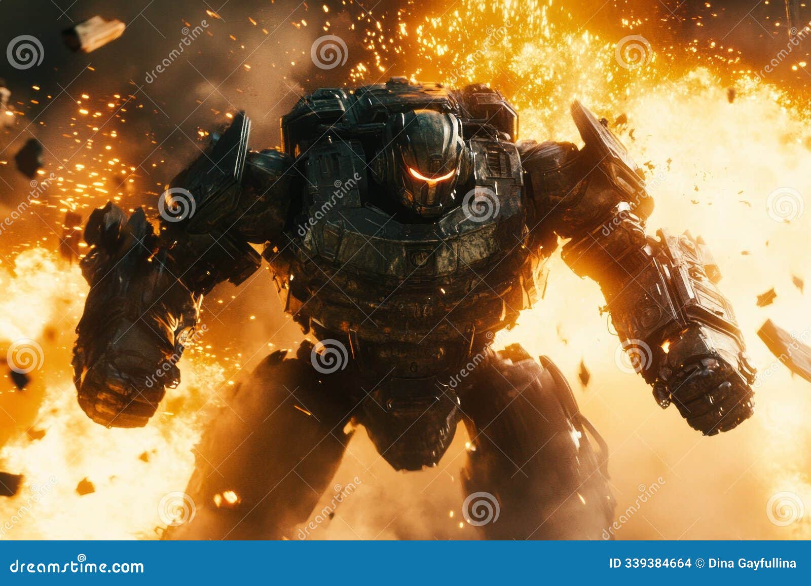 A Massive Robot Emerging from a Fiery Explosion, Set in a Dramatic ...