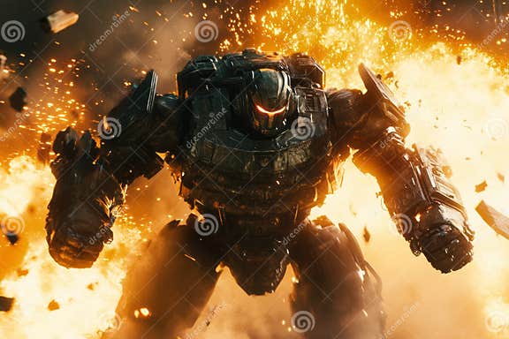 A Massive Robot Emerging from a Fiery Explosion, Set in a Dramatic ...