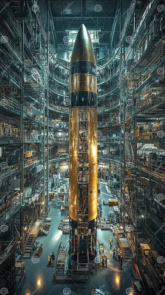 Massive Rocket Assembly in Industrial Facility with Engineers and ...