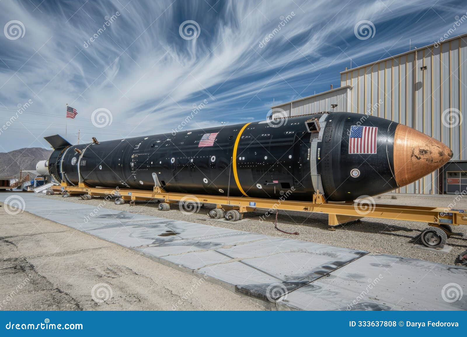 Massive Rocket Ready for Launch on Clear Day at Industrial Facility ...