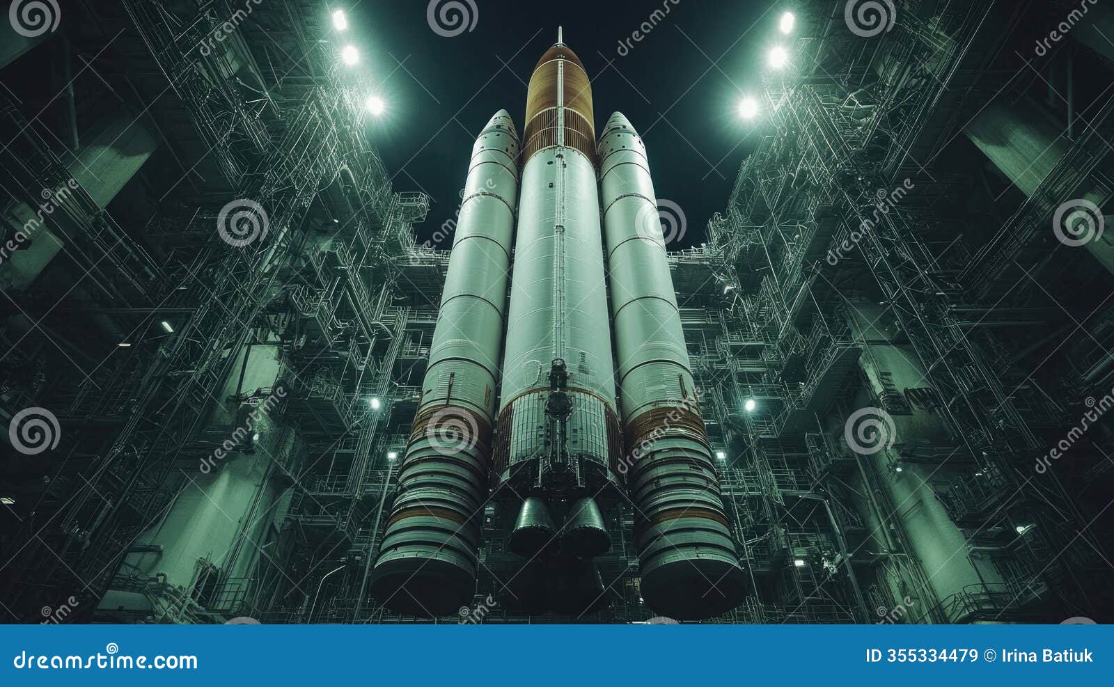 A Massive Rocket Stands Ready for Launch, Illuminated by Powerful ...