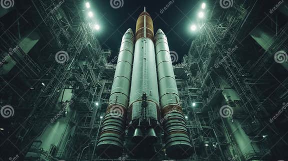 A Massive Rocket Stands Ready for Launch, Illuminated by Powerful Lights Inside a Space Facility ...