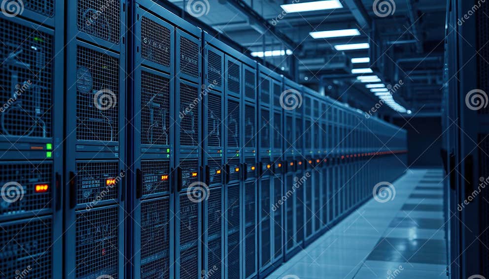 Massive Server Racks Line Futuristic Data Center. Rows of Powerful ...