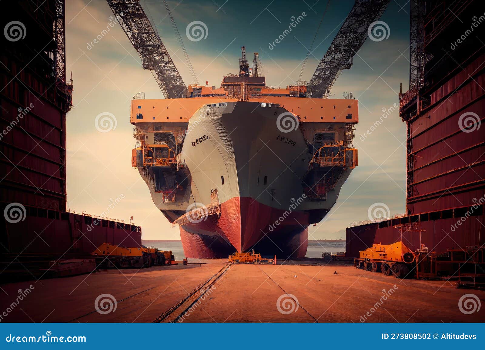 Massive Ship Being Lifted Out of Dry Dock Using Cranes Stock ...