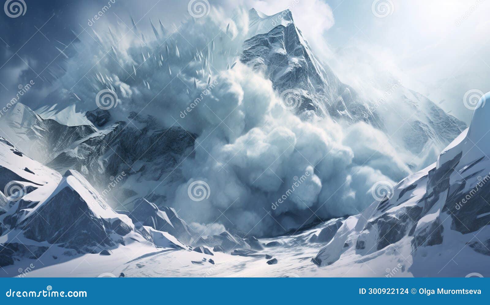 A Massive Snow Avalanche with Ice Blocks Cascading Down a Mountain Peak ...