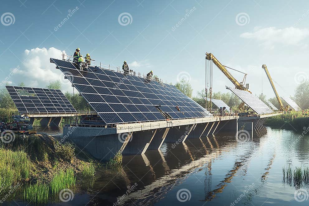 Massive Solar-Powered Bridge Under Construction Over a River Stock ...