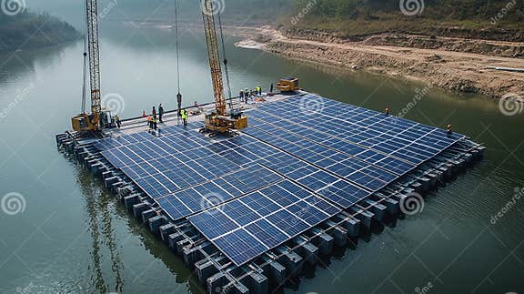 Massive Solar-Powered Bridge Under Construction Over a River Stock ...