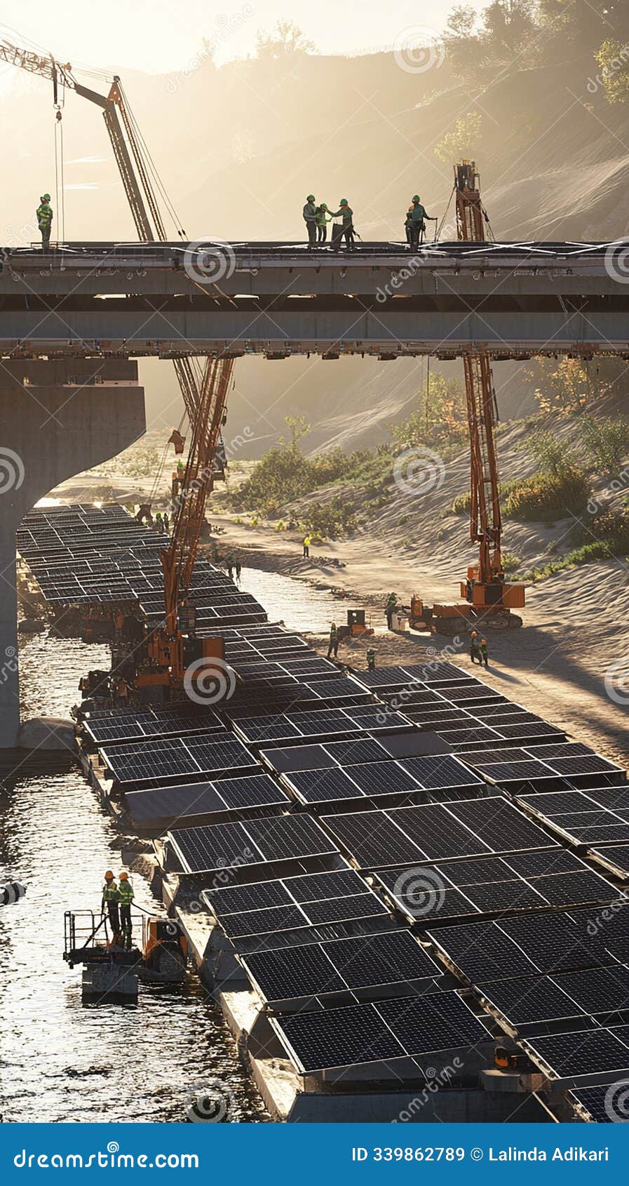 Massive Solar-Powered Bridge Under Construction Over a River Stock ...