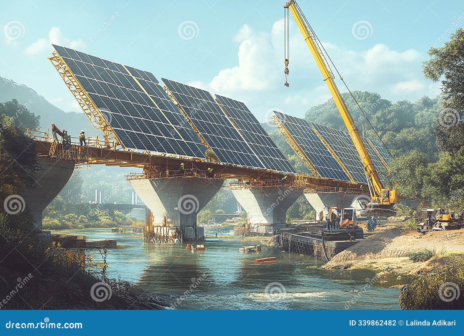 Massive Solar-Powered Bridge Under Construction Over a River Stock ...