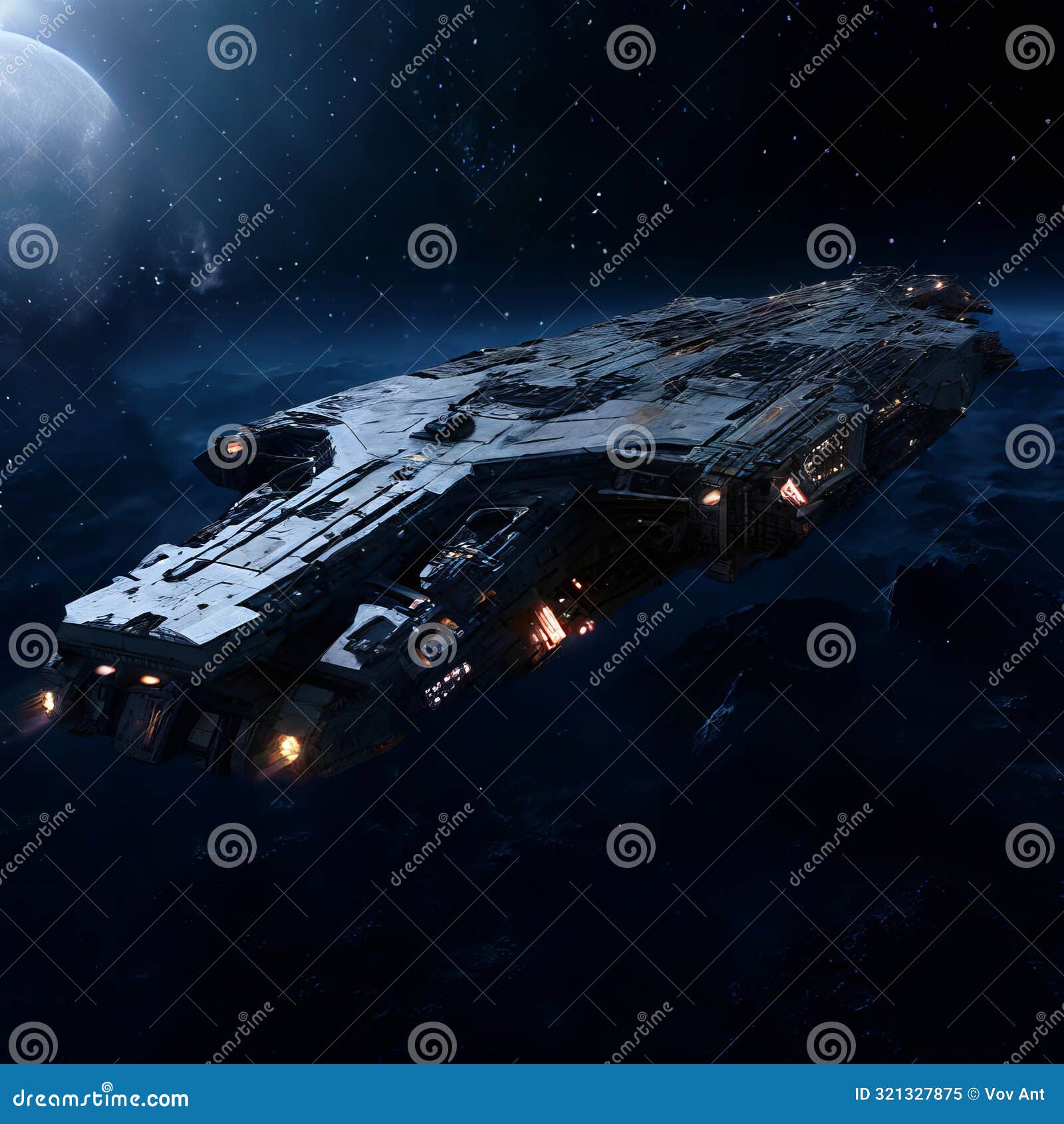 A Massive Space Freighter Hauling Cargo through a Debris Field Stock ...