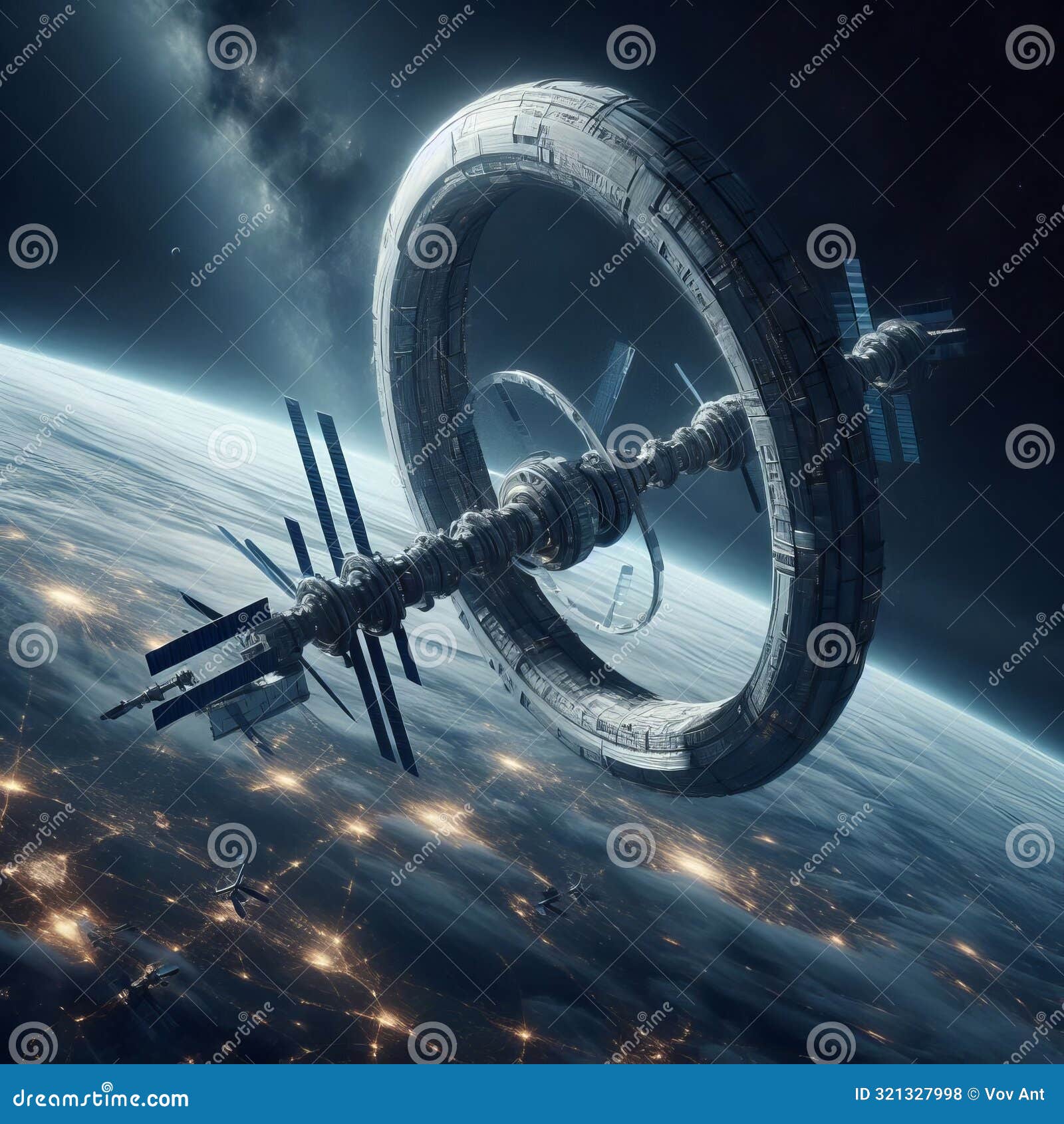A Massive Space Station in the Shape of a Ring, Rotating Slowl Stock ...