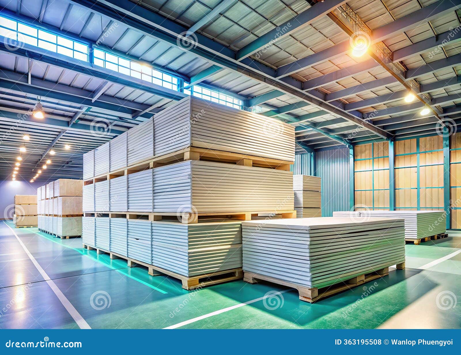 Massive Stack of Plasterboard Sheets on Pallets in a Busy Building ...