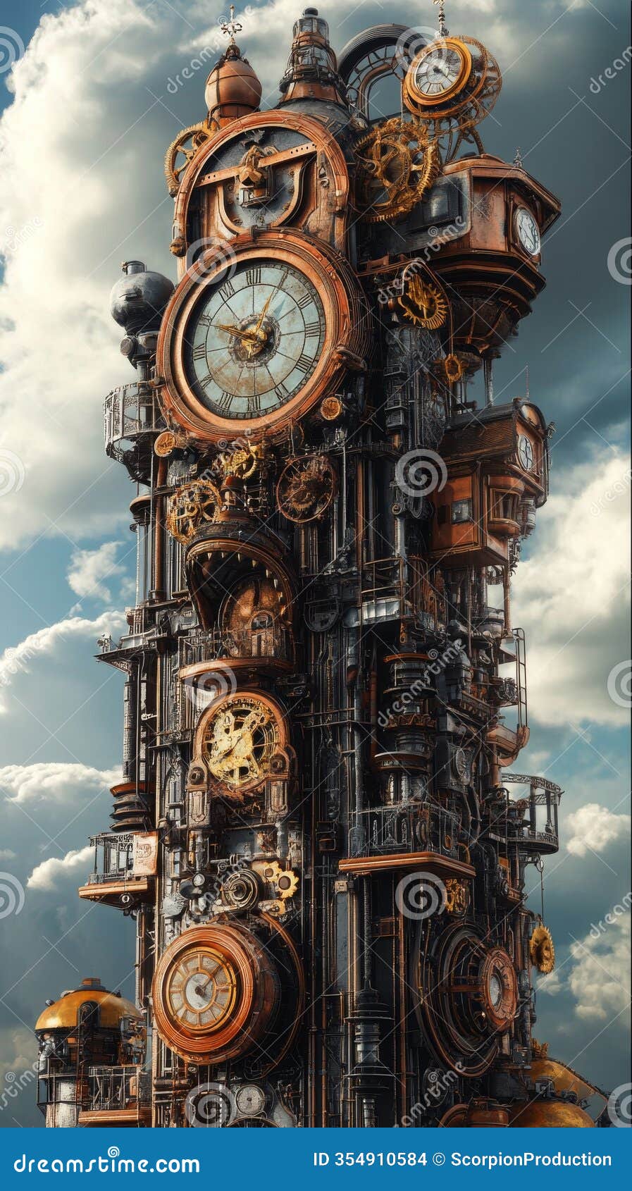 Massive Steampunk Clock Tower Against a Cloudy Sky Stock Photo - Image of gear, tower: 354910584